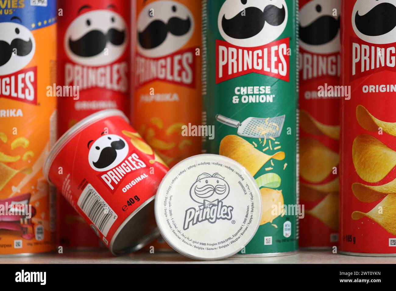 KYIV, UKRAINE - FEBRUARY 27, 2024 Pringles original potato chips on ...