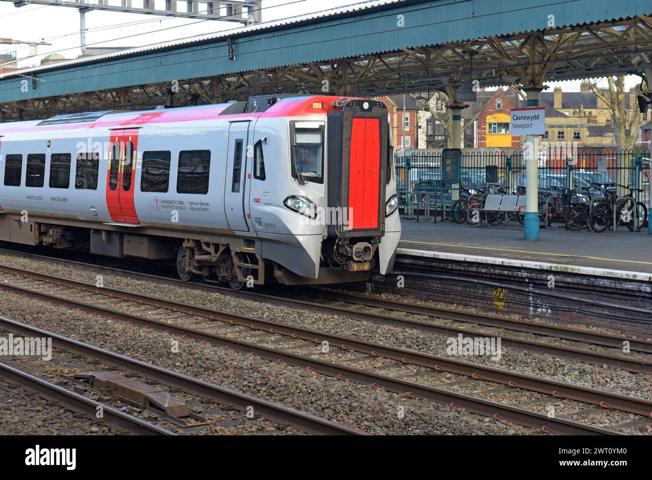 New Transport For Wales CAF Class 197 DMU train at Newport Railway Station, Wales, Feb 2024 ...