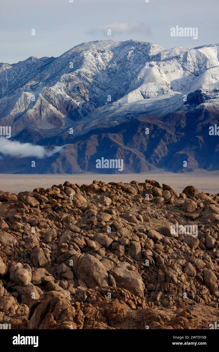 Rocks pile with Sierra mountains in background at Alabama Hills Stock ...