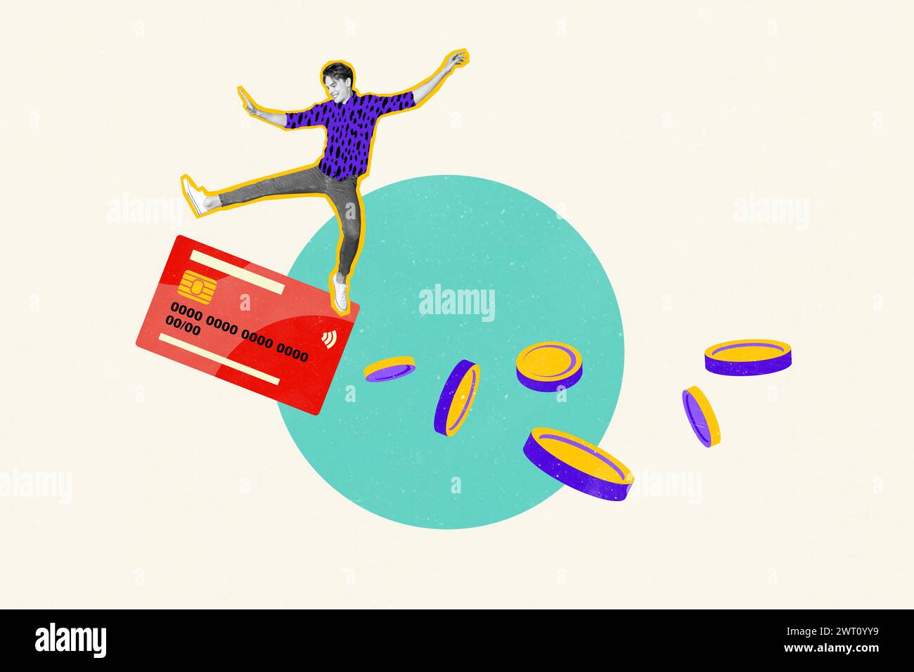 Composite photo collage of young happy guy dance credit card shopping ...