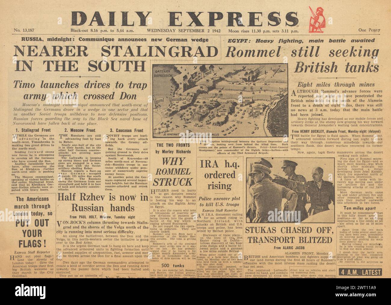 1942 Daily Express front page reporting Battle of Stalingrad and North ...