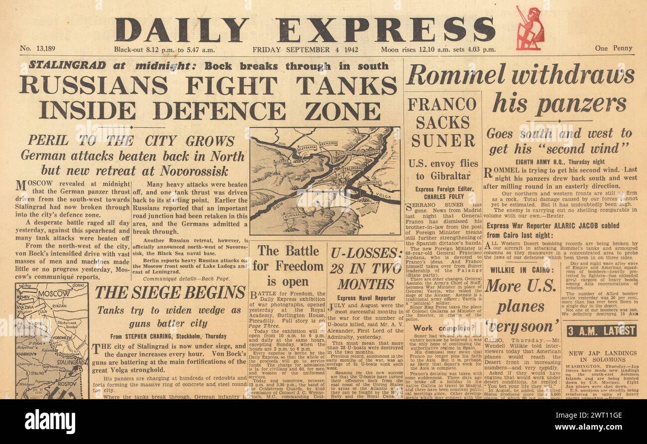 1942 Daily Express front page reporting Battle of Stalingrad and North ...