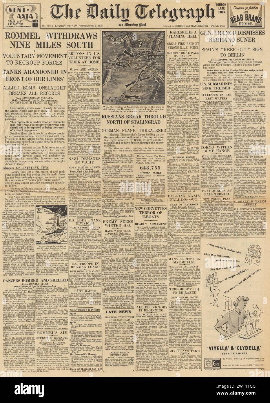 1942 The Daily Telegraph front page reporting Battle of Stalingrad and ...