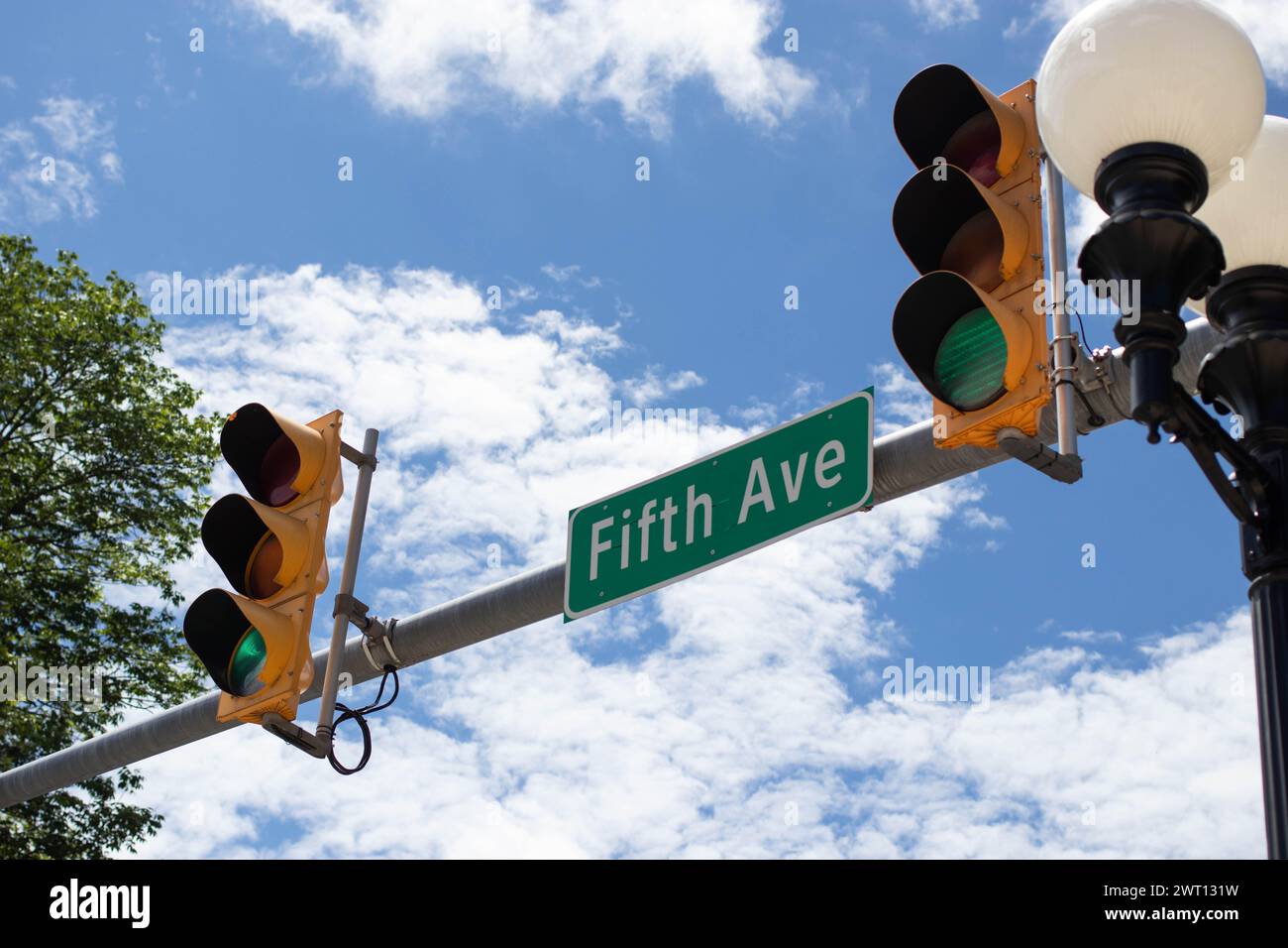 Traffic light with Fifth Avenue street sign on sunny day Stock Photo ...