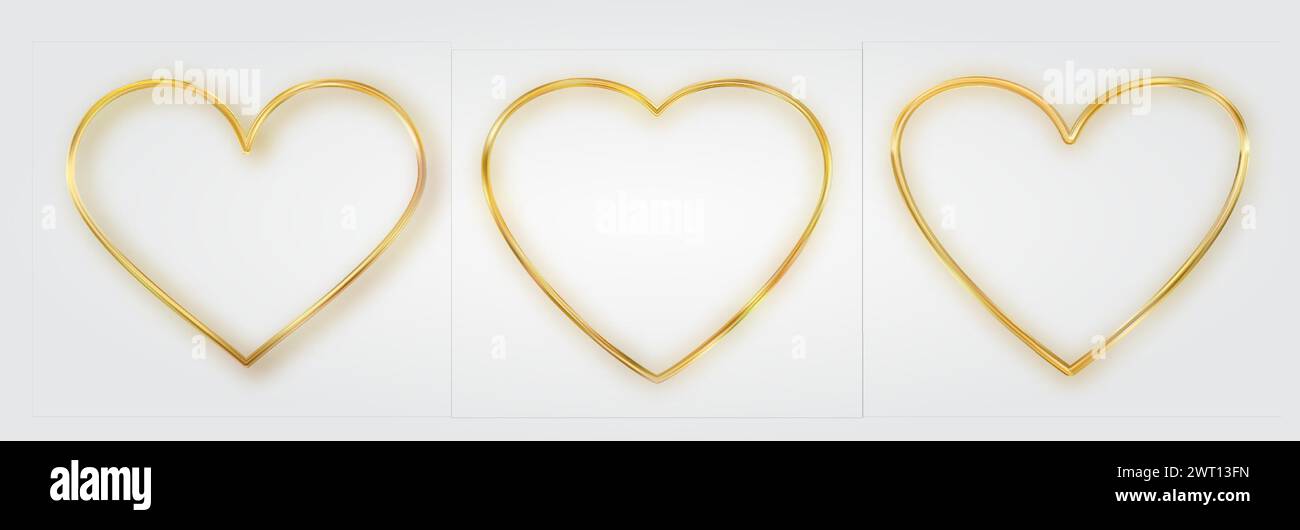 Thin gold heart frame set. Golden realistic heart border. Luxury symbol ...