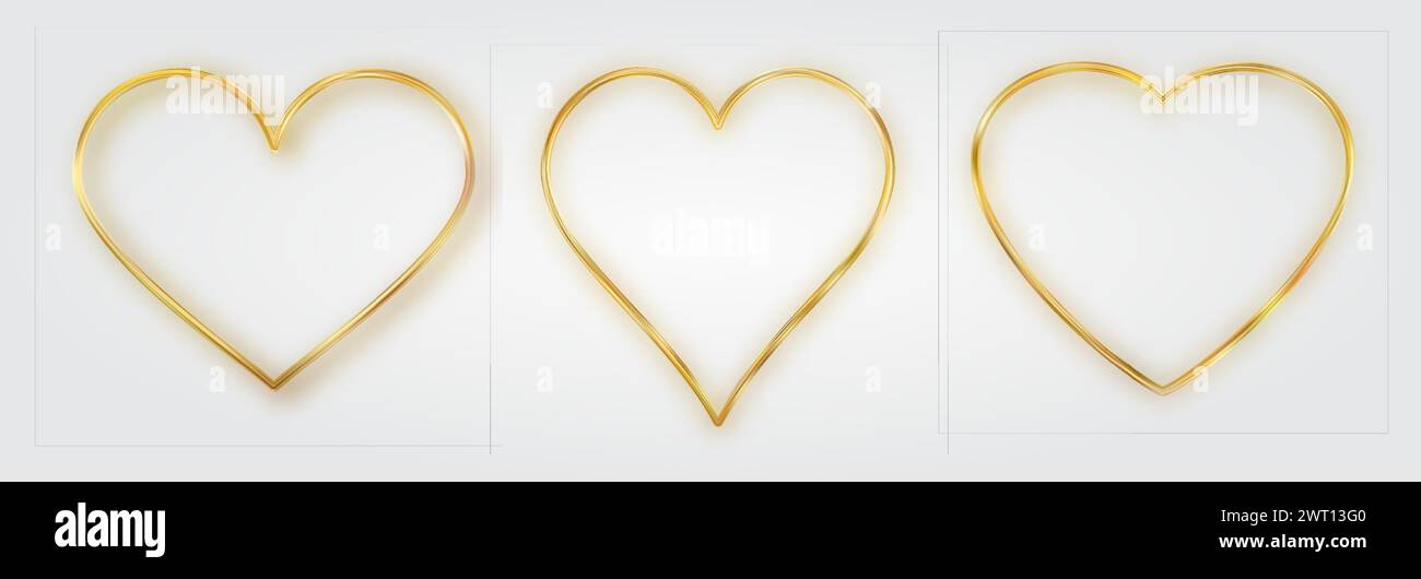Thin gold heart frame set. Golden realistic heart border. Luxury symbol ...
