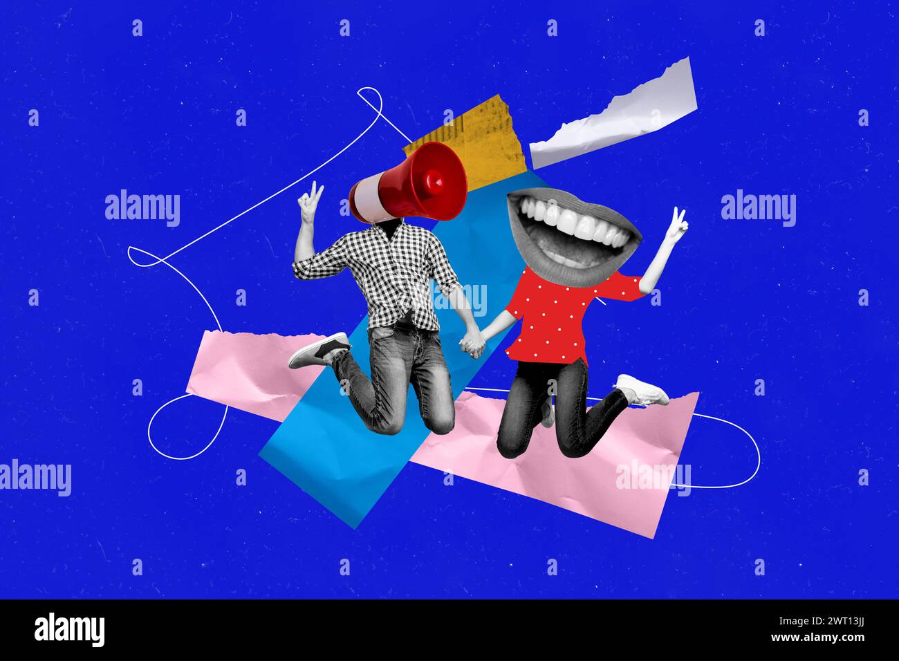 Cartoon comics sketch collage picture of funky excited couple mouth toa ...