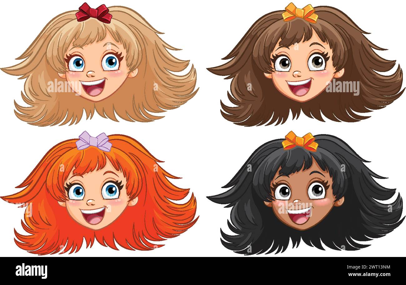 Four smiling cartoon girls with different hair colors Stock Vector ...