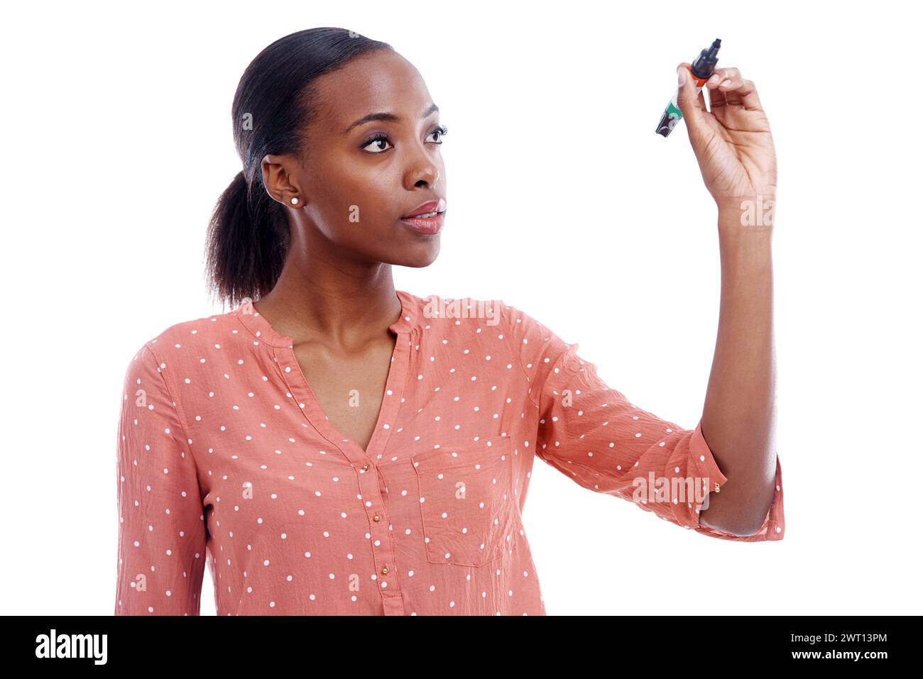 Marker, black woman and hand for writing, presentation and promotion ...