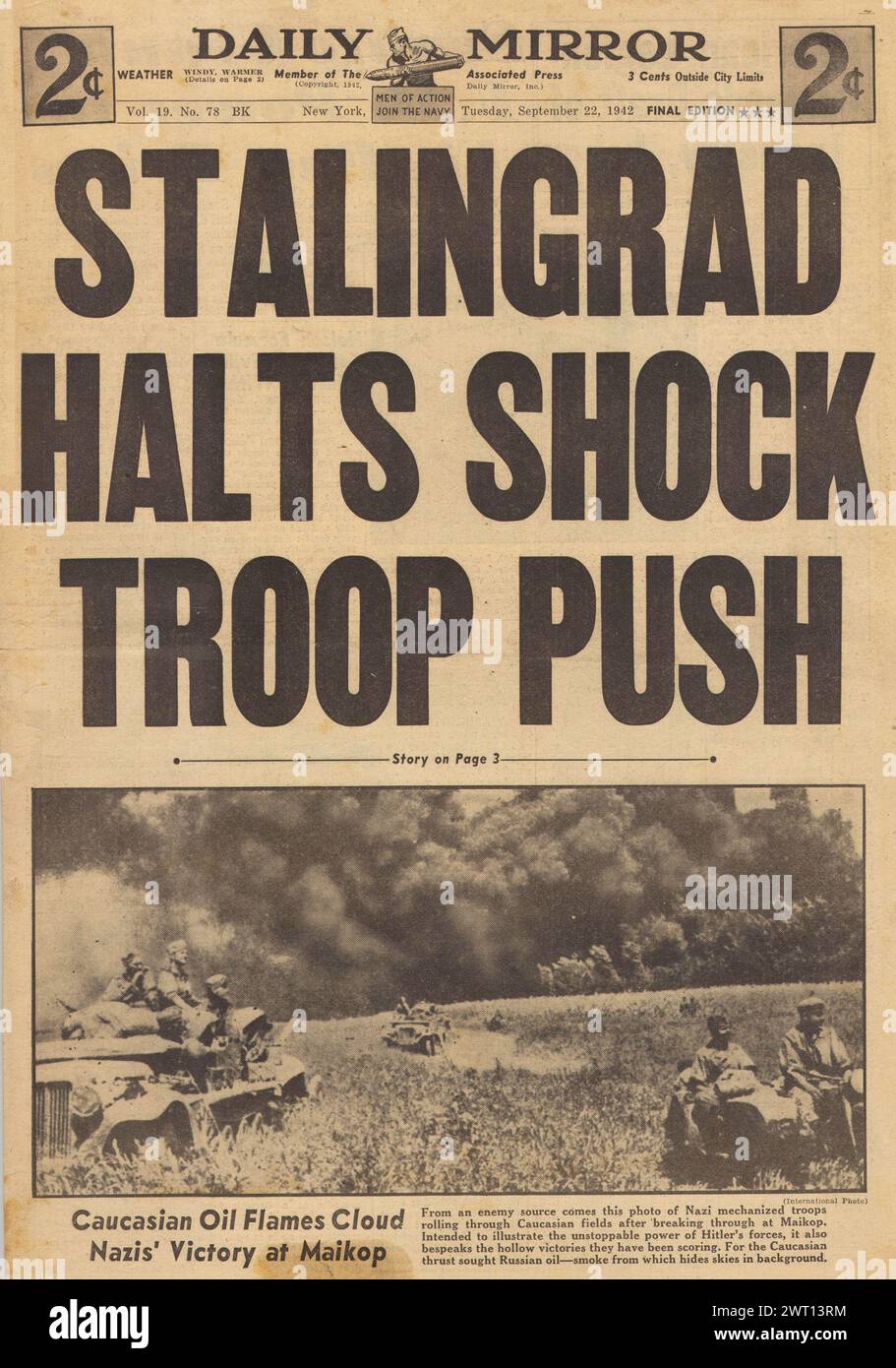 1942 Daily Mirror front page reporting Battle of Stalingrad Stock Photo ...