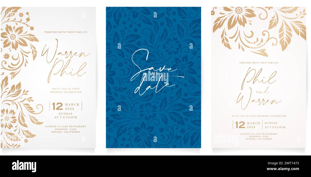 three wedding invitation cards with gold and blue floral designs ...