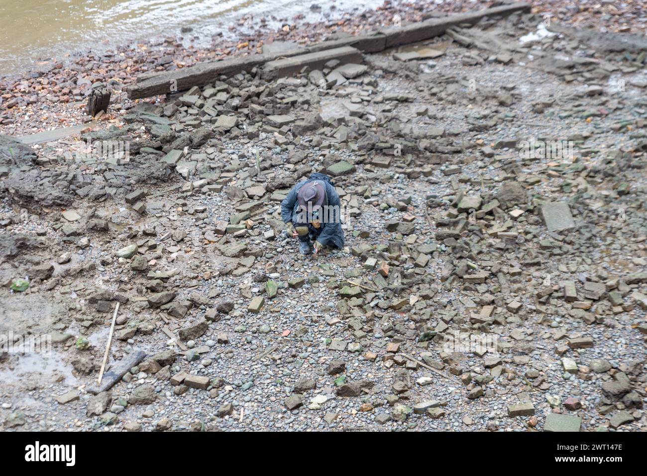 Beachcomber searching for artifacts on the River Thames at low tide ...
