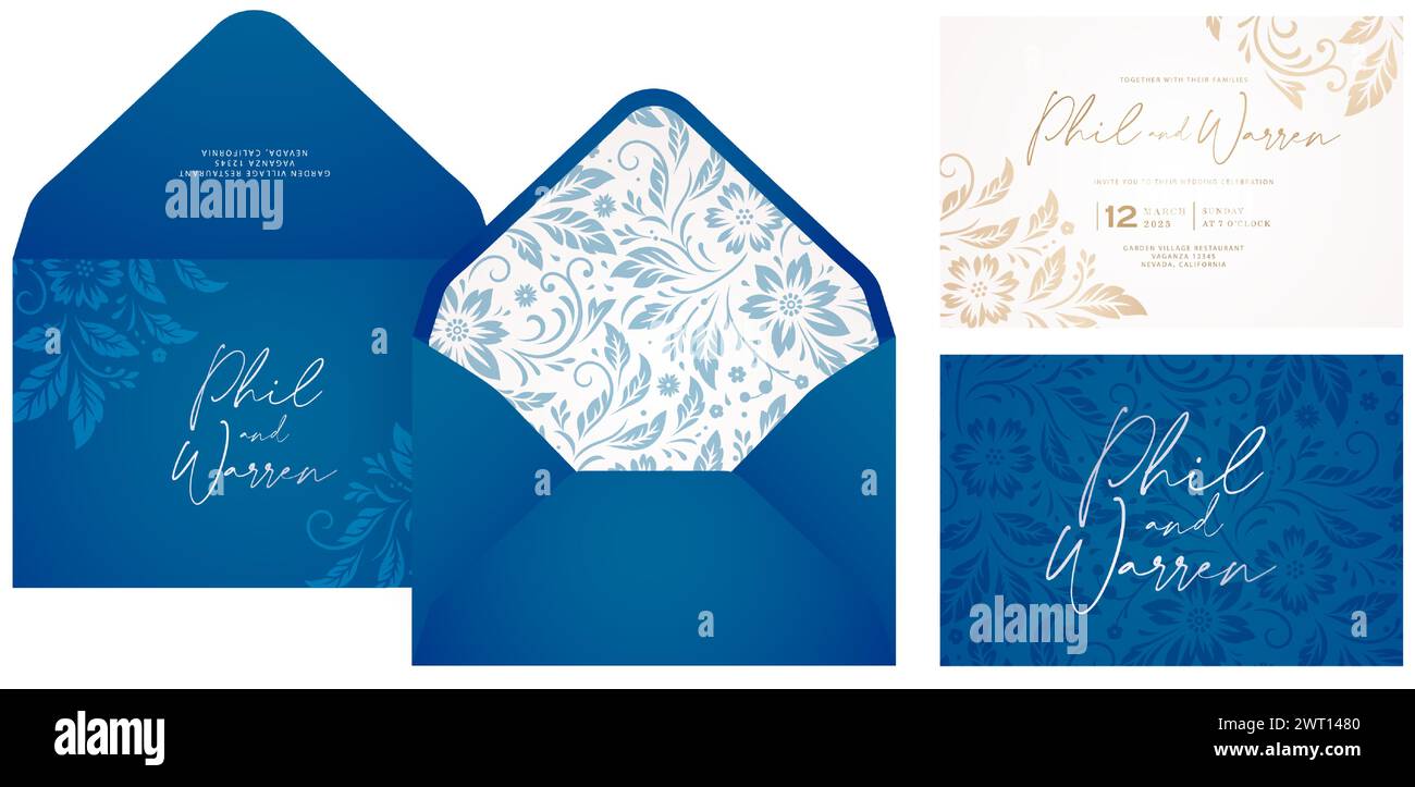wedding invitations set with blue envelope and floral designs isolated ...