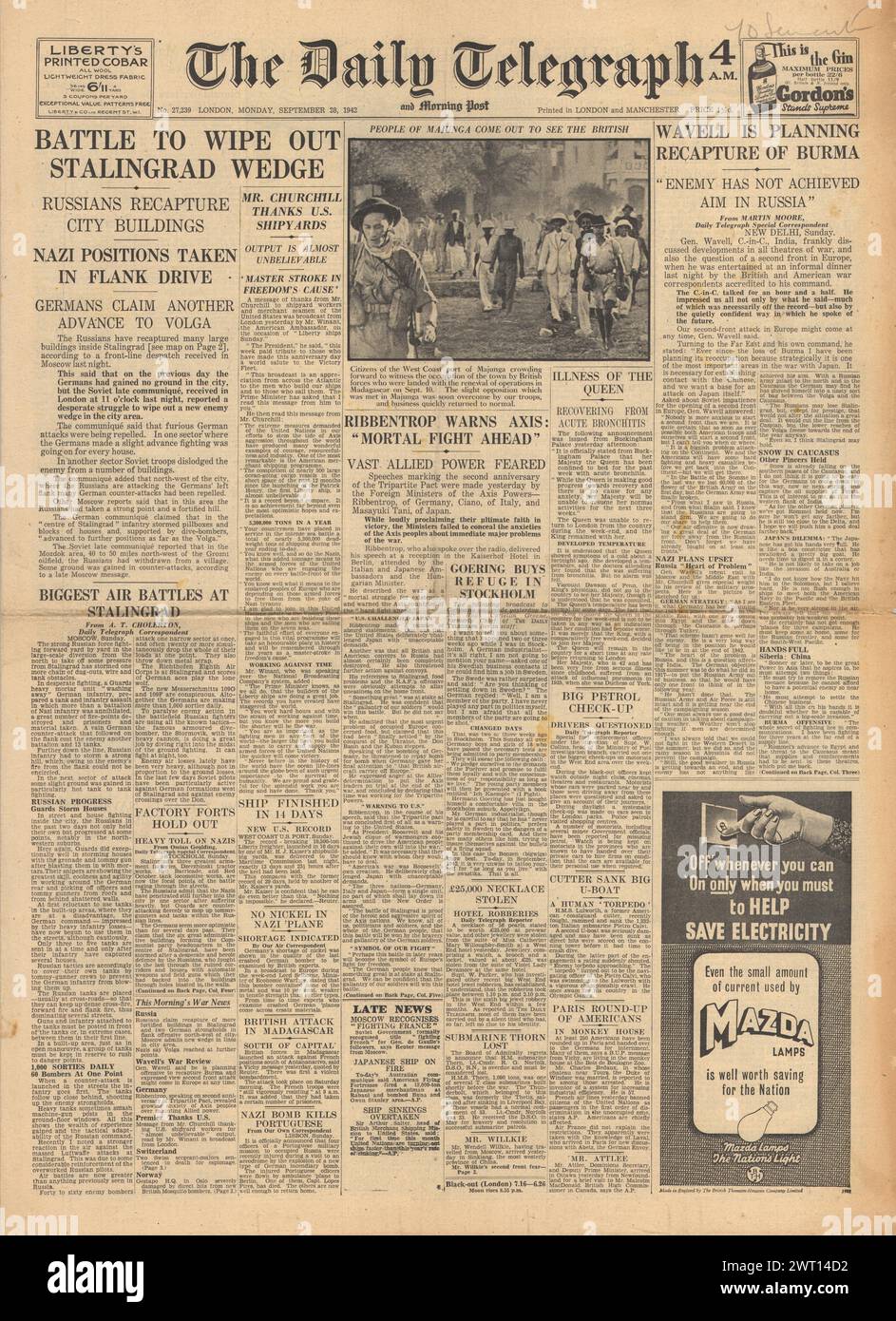 1942 The Daily Telegraph front page reporting Battle of Stalingrad and ...
