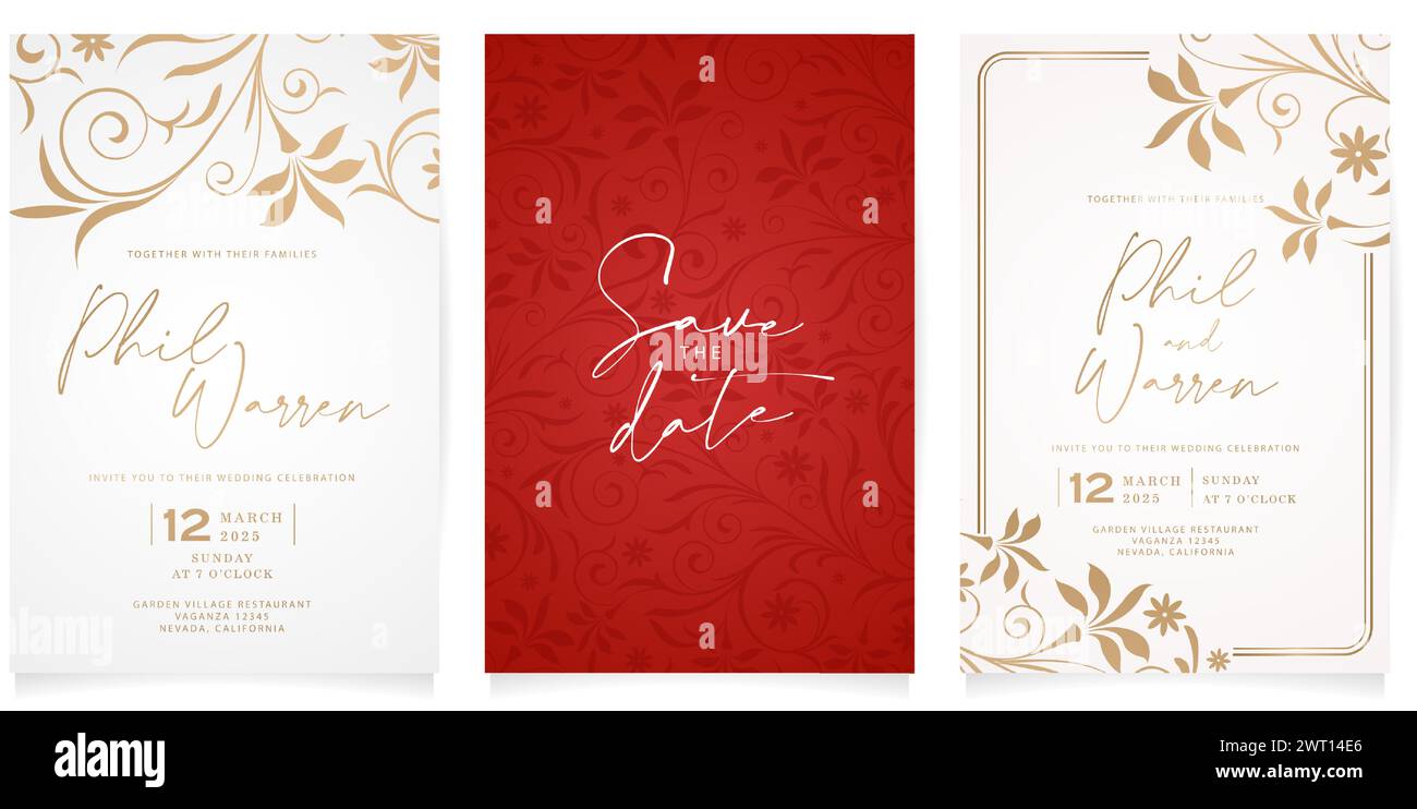 Three set Wedding invitation card template with gold ornament swirl for ...