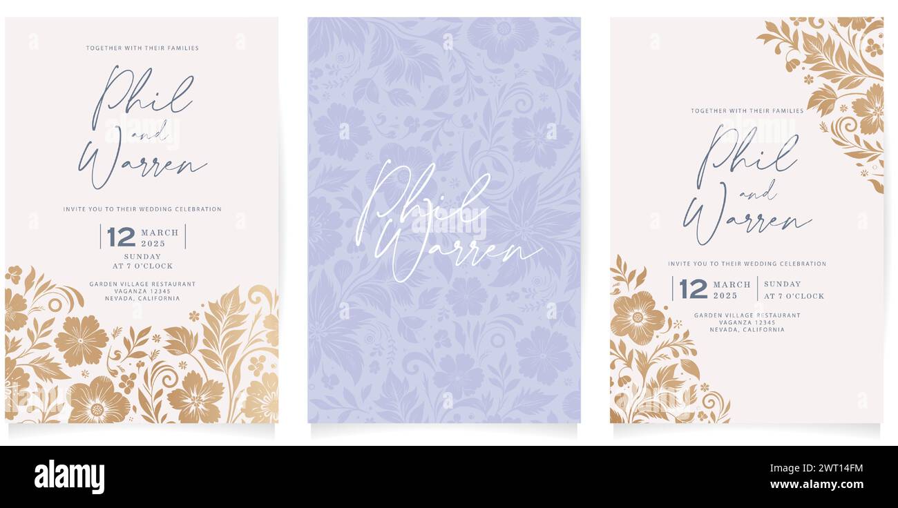 three wedding invitations cards set with gold and blue designs ...