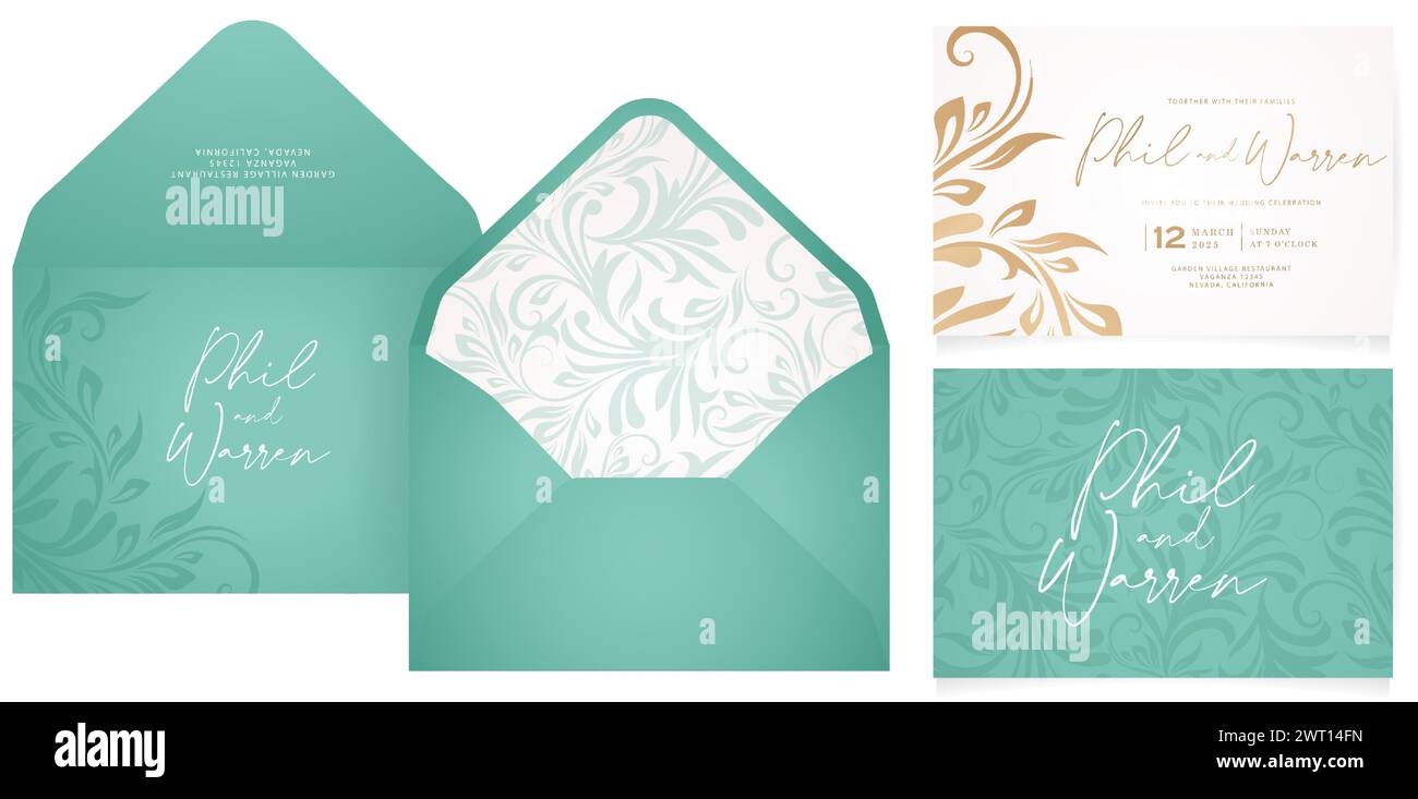 Wedding invitation card template with floral motif design envelope set ...