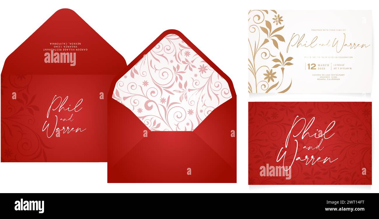 Set of red envelopes with floral ornamental swirl pattern golden foil ...