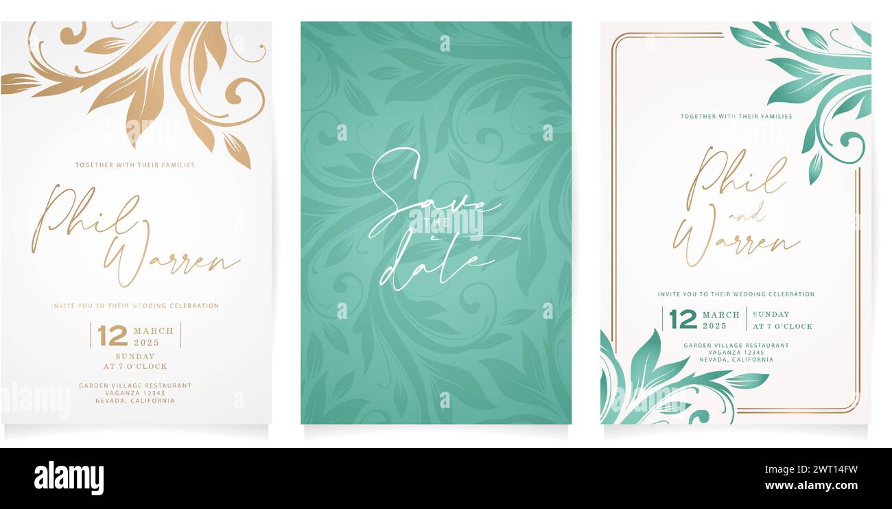 three set ornamental Wedding invitation card with floral design ...