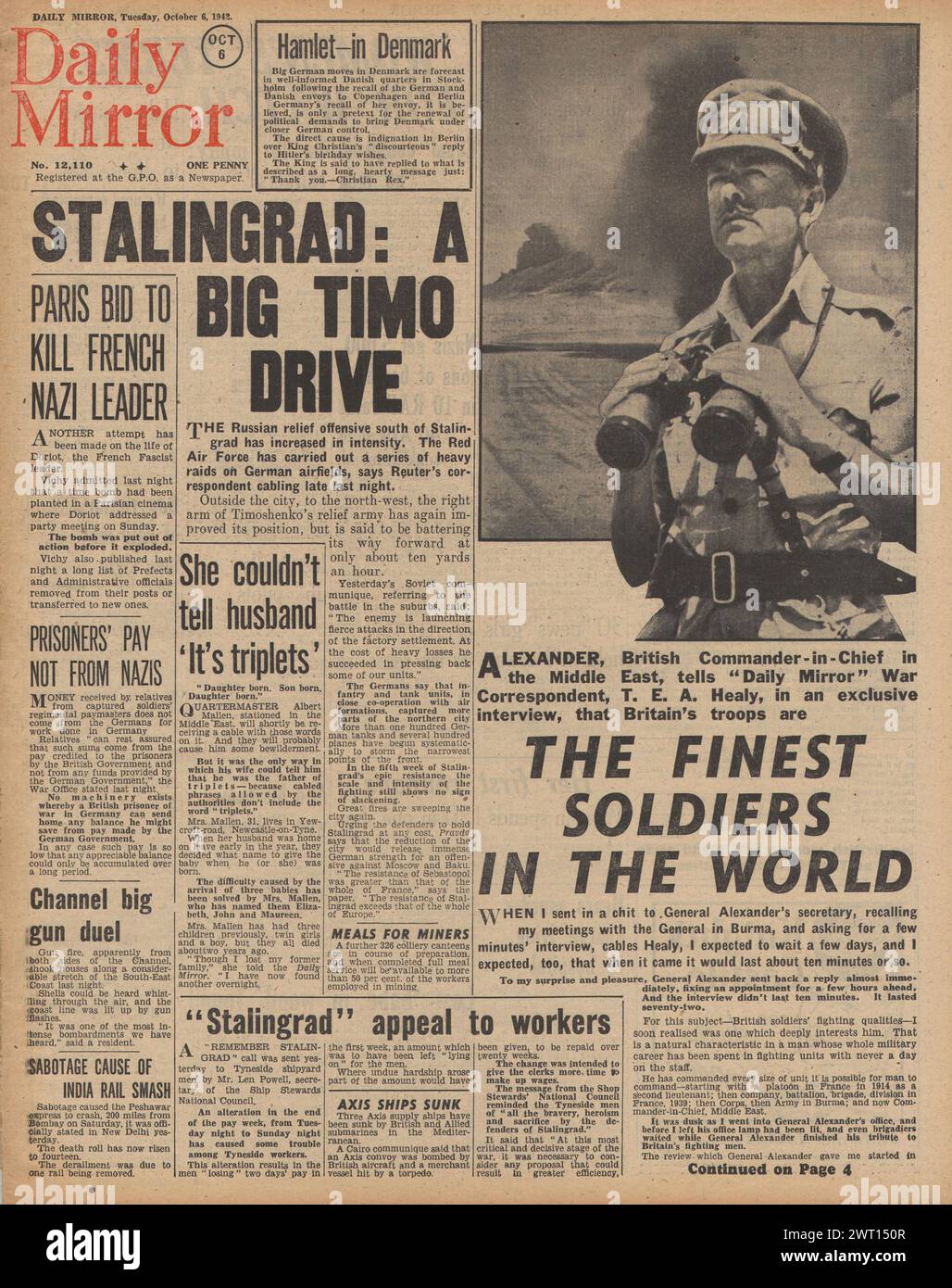 1942 Daily Mail front page reporting Battle of Stalingrad and General ...