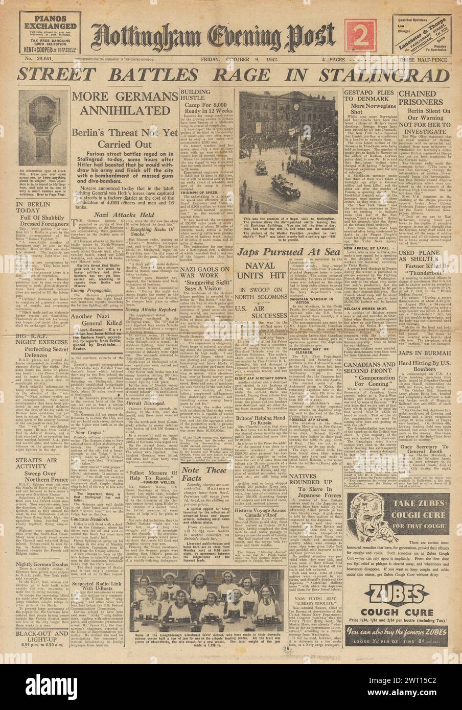 1942 Nottingham Evening Post front page reporting Battle of Stalingrad ...