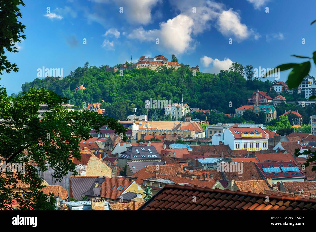 Aerial view with the historical center of Brasov, Transylvania, Romania ...