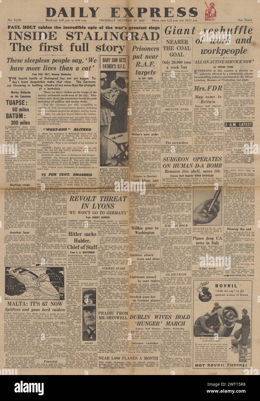 1942 Daily Express front page reporting Battle of Stalingrad Stock ...