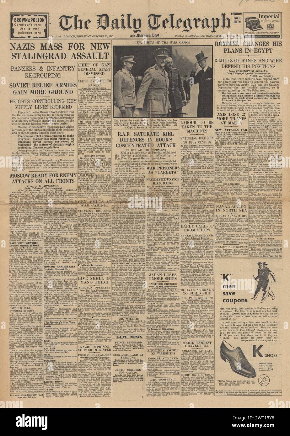 1942 The Daily Telegraph front page reporting Battle of Stalingrad and ...