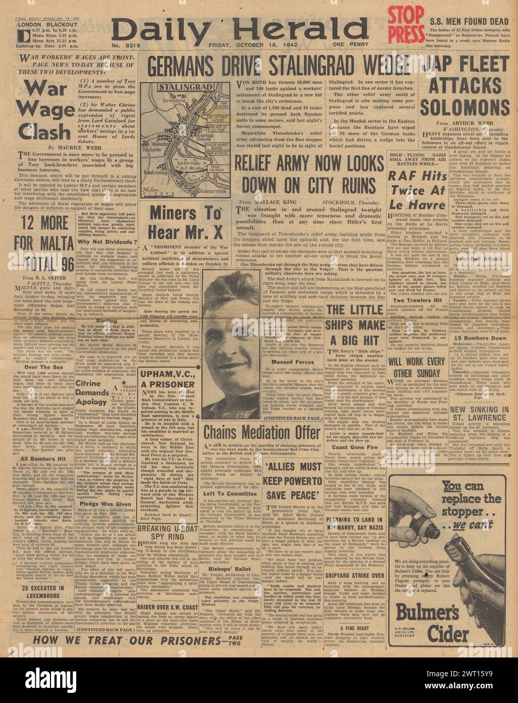 1942 Daily Herald front page reporting Battle of Stalingrad and ...