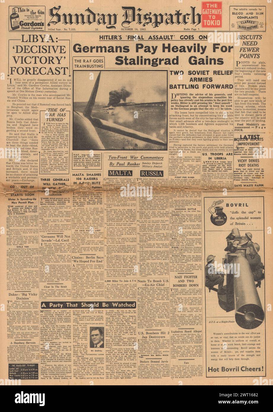 1942 Sunday Dispatch front page reporting Battle of Stalingrad and ...