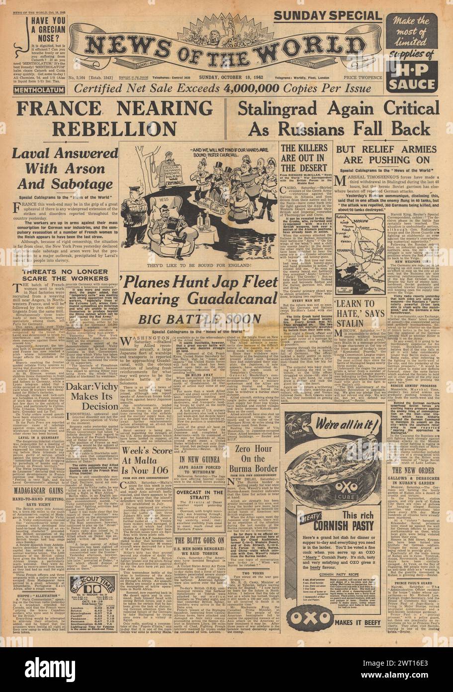 1942 News of the World front page reporting Battle of Stalingrad and ...