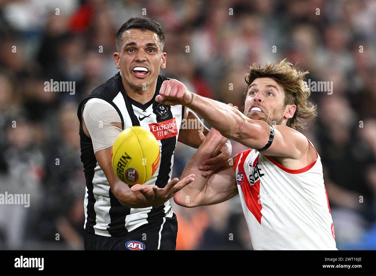 Melbourne, Australia. 15th Mar, 2024. Dane Rampe of the Swans (right ...