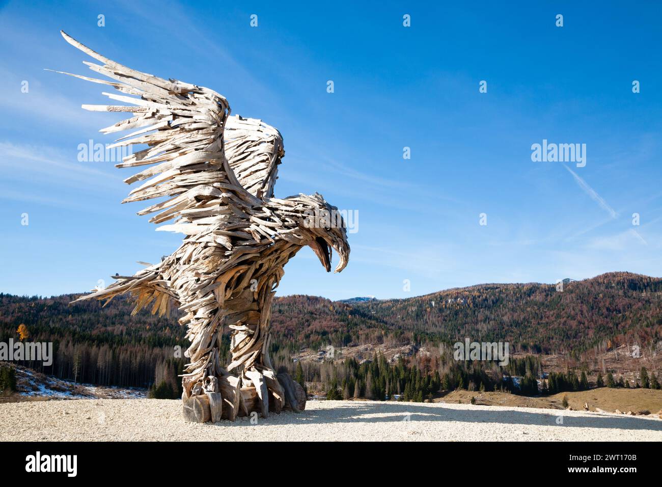 Wooden sculpture of an eagle made of tree branches. Vaia storm eagle ...