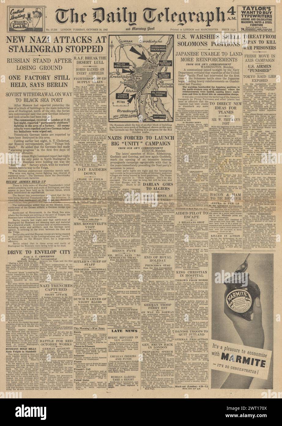 1942 The Daily Telegraph front page reporting Battle of Stalingrad and ...