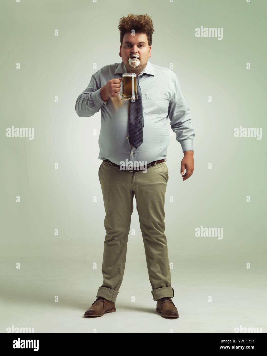 Man, portrait and face with beer foam, drink or party in obesity on a ...