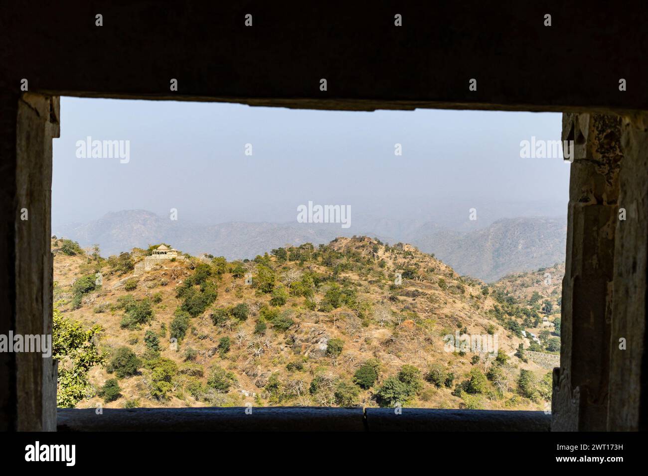 fort view of misty mountain range covered with fog at morning from flat ...