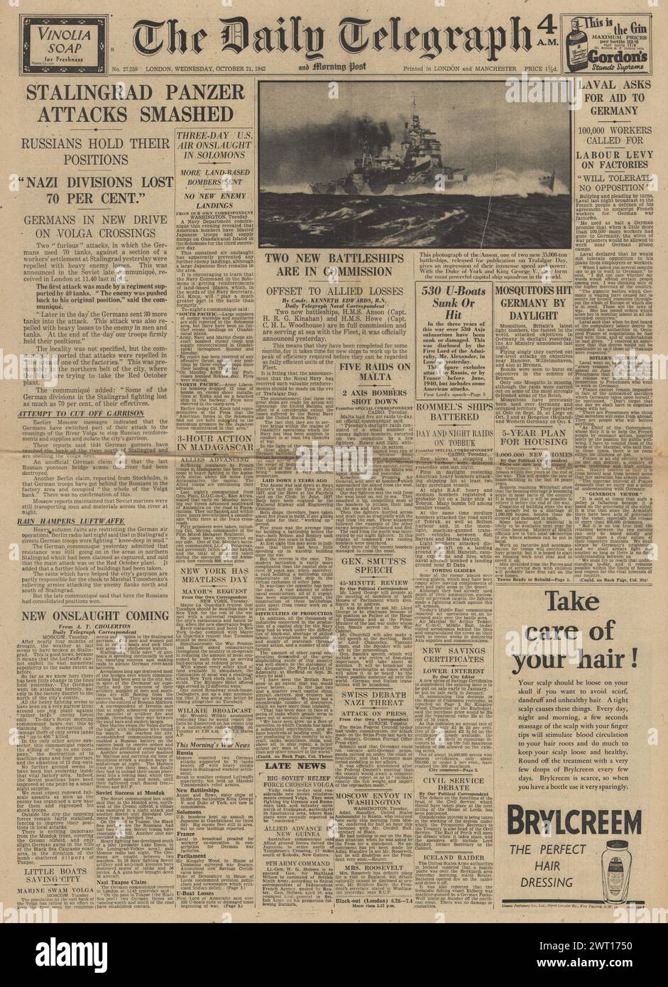 1942 The Daily Telegraph front page reporting Battle of Stalingrad and ...