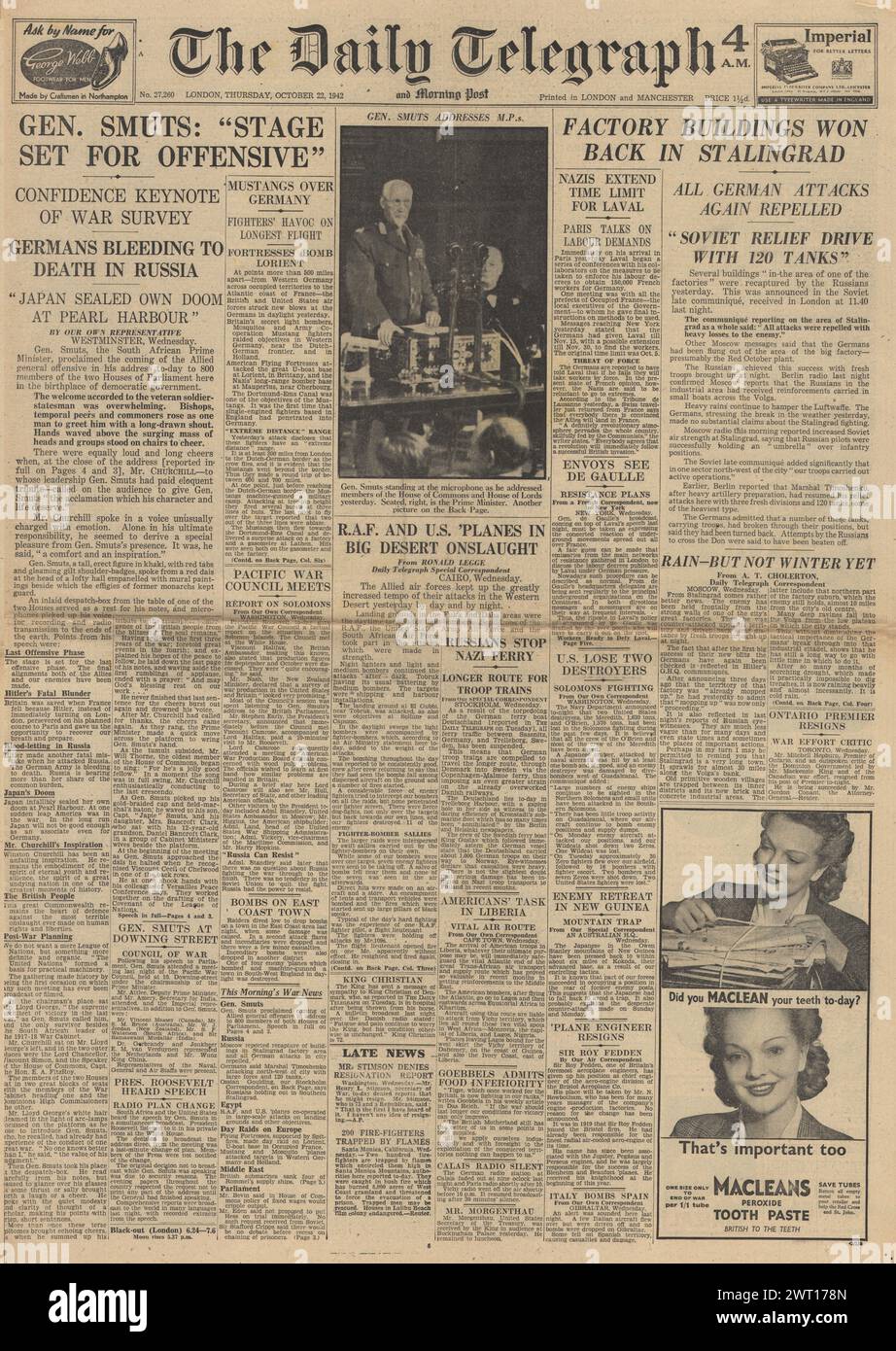 1942 The Daily Telegraph front page reporting Battle of Stalingrad and ...