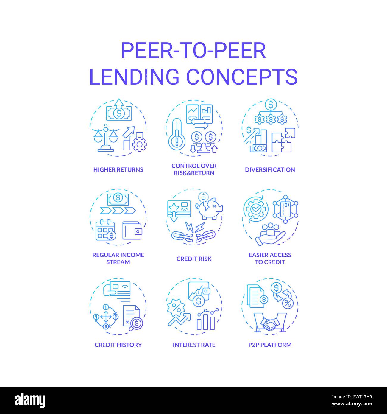 Peer-to-peer lending blue gradient concept icons Stock Vector Image ...