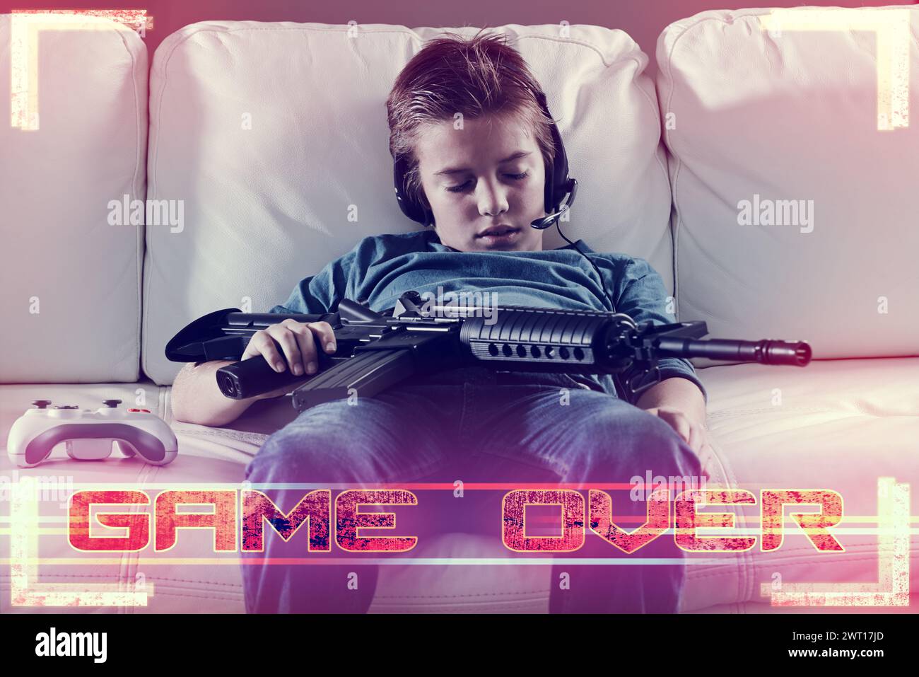 Tired, kid and gaming in home at night with overlay of video game in ...