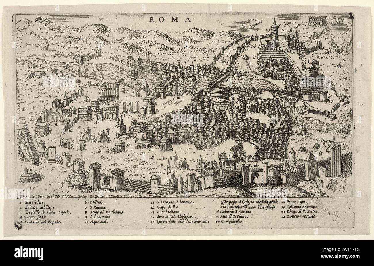 Roma. [later 16th c.?] Etched bird's-eye view of Rome, ultimately ...