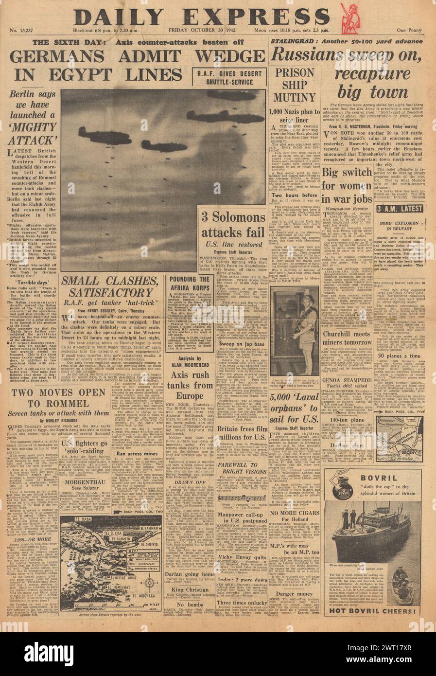 1942 Daily Express front page reporting Battle of Stalingrad and Battle ...
