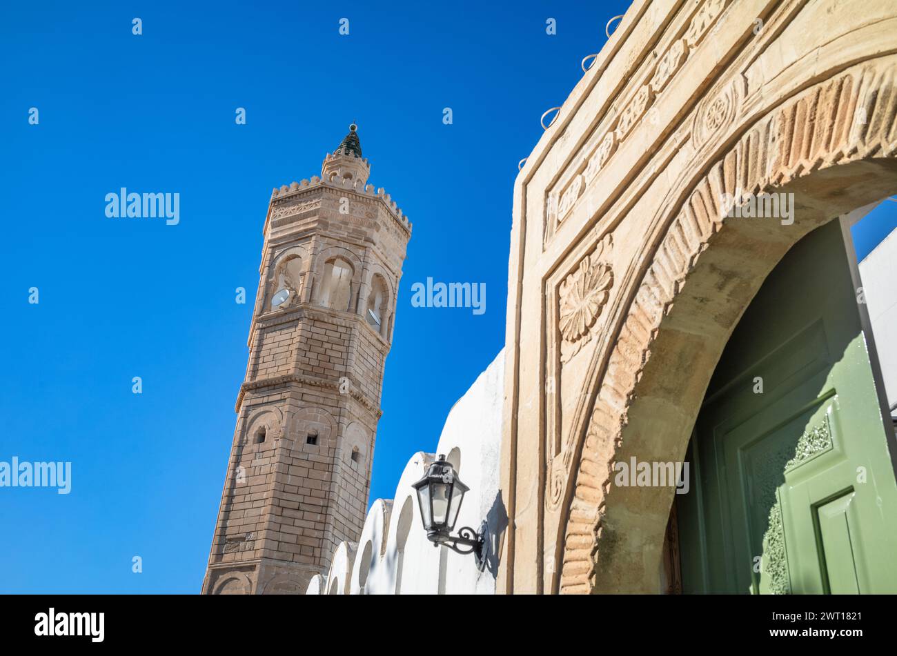 The minaret and entrance to the historic Soliman Hamza Mosque in the ...
