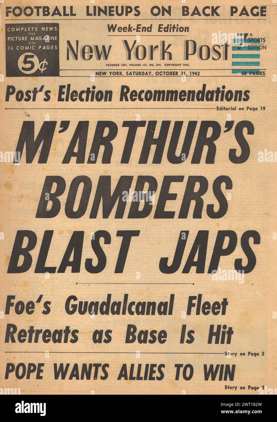 1942 New York Post front page reporting Battle of Guadalcanal Stock ...