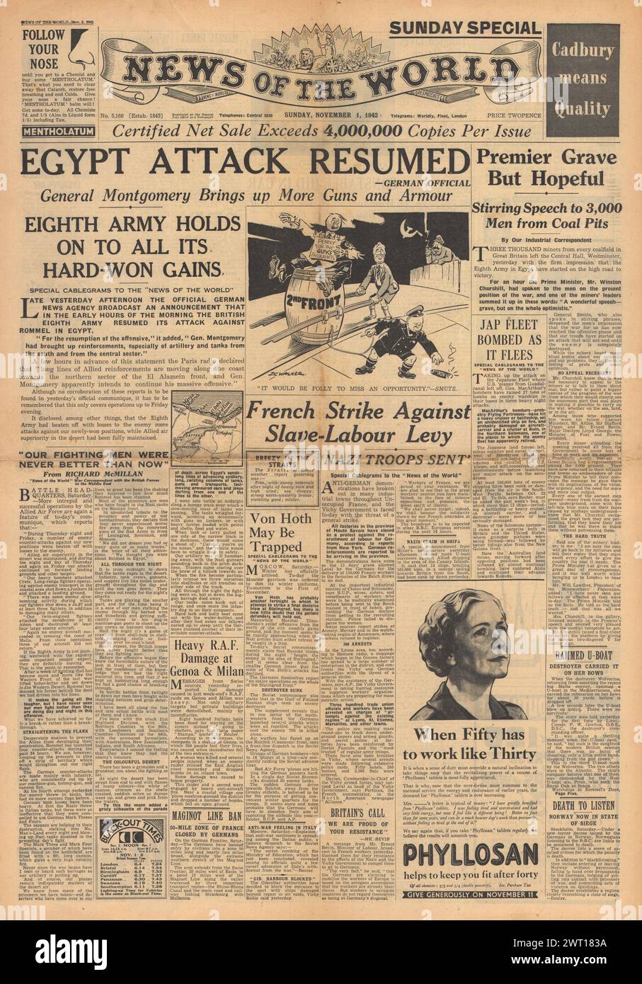 1942 News of the World front page reporting Battle of North Africa and ...