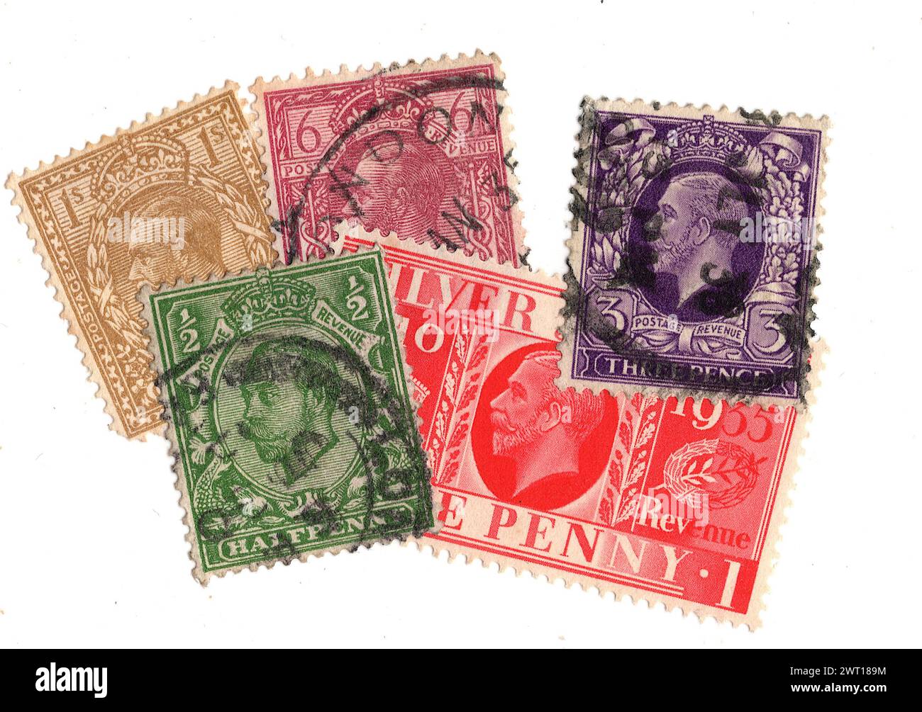 Vintage King George V postage stamps from Great Britain isolated on a ...