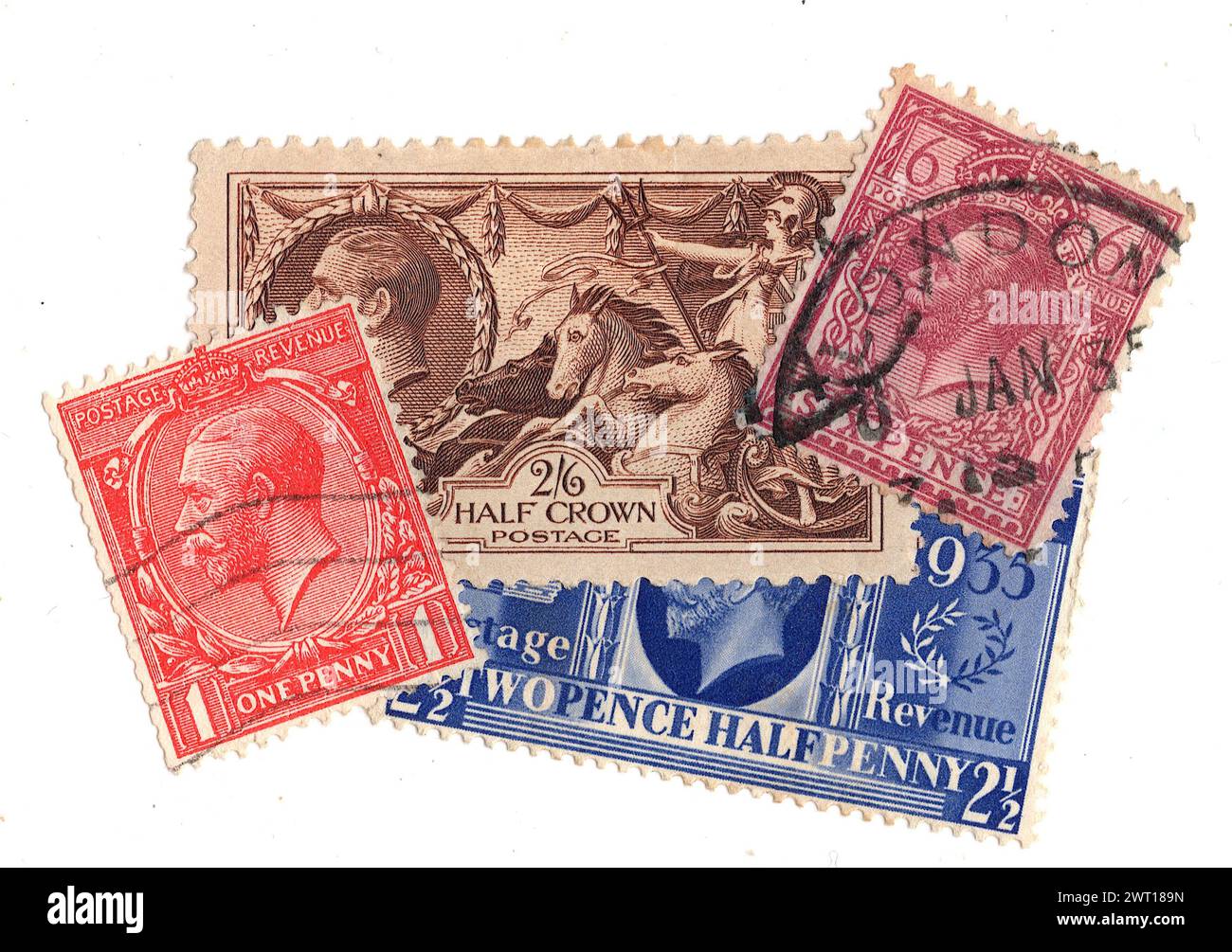 Vintage King George V postage stamps from Great Britain isolated on a ...