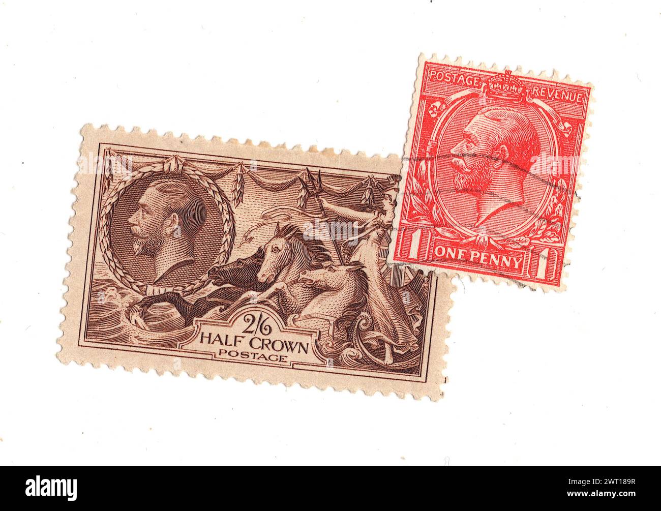 Vintage King George V postage stamps from Great Britain isolated on a ...