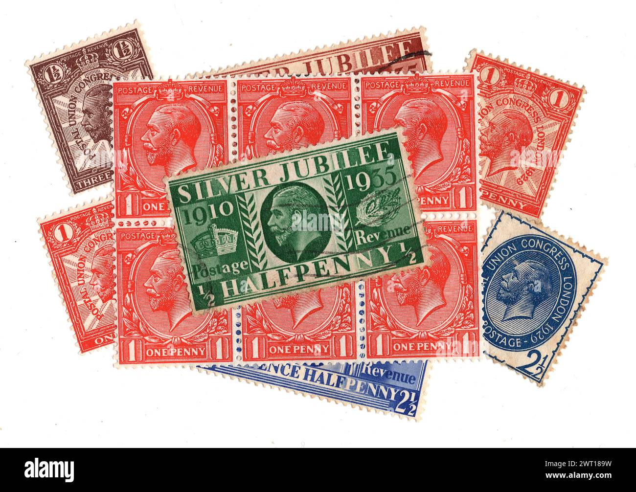 Vintage King George V postage stamps from Great Britain isolated on a ...