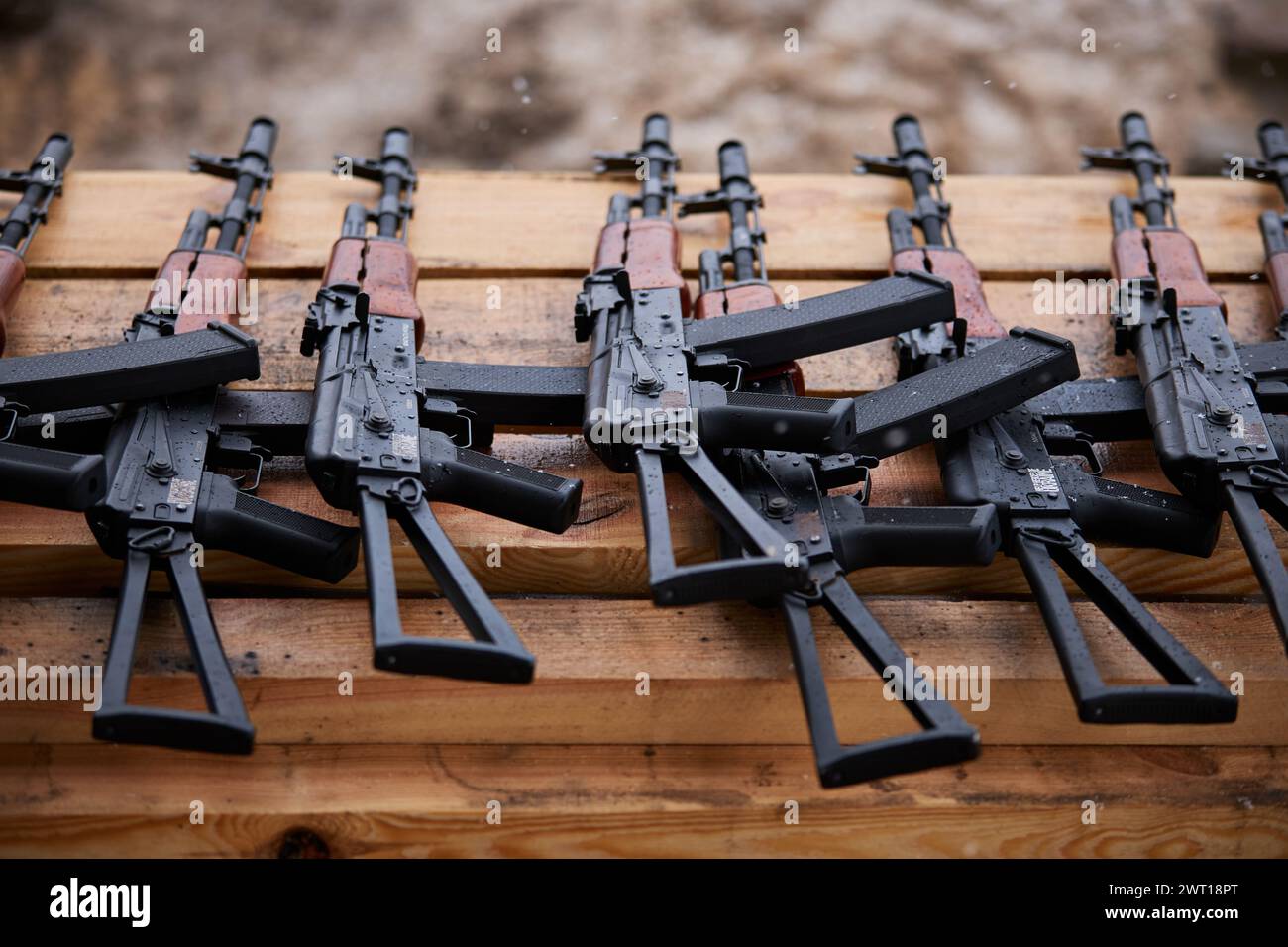 AK 74 rifles on a shooting range. Airsoft guns for tactical training on ...